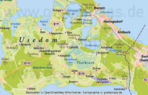 Usedom Vektorkarte Topographie mit Gemeindegrenzen - grebemaps® B2B ...