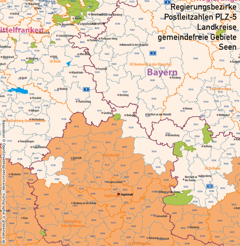 Bayern Vektorkarte Gemeinden Landkreise Postleitzahlen PLZ-5 ...