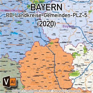Bayern Vektorkarte Gemeinden Landkreise Postleitzahlen PLZ-5 ...