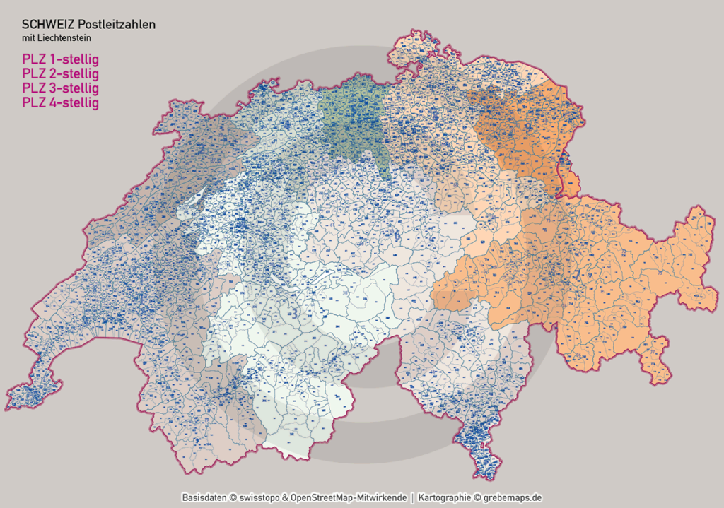 Schweiz Vektorkarte Postleitzahlen PLZ-1-2-3-4-6 Kantone Gemeinden ...