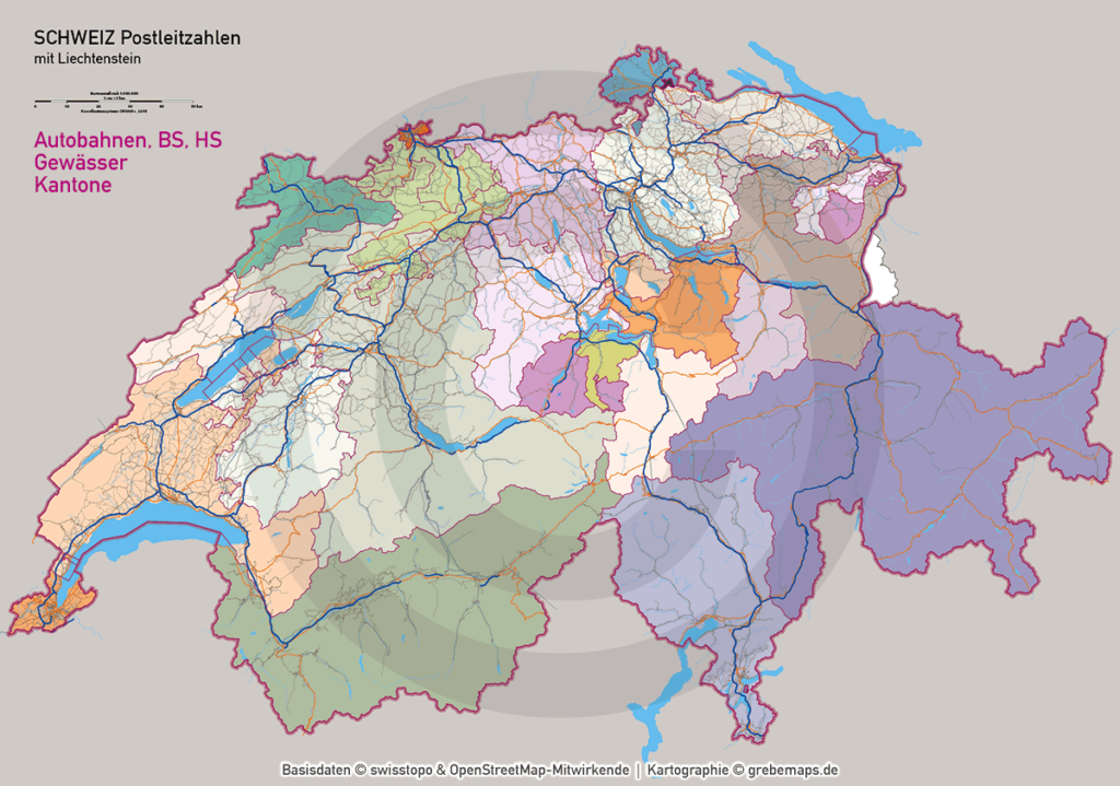 Schweiz Vektorkarte Postleitzahlen PLZ-1-2-3-4-6 Kantone Gemeinden ...