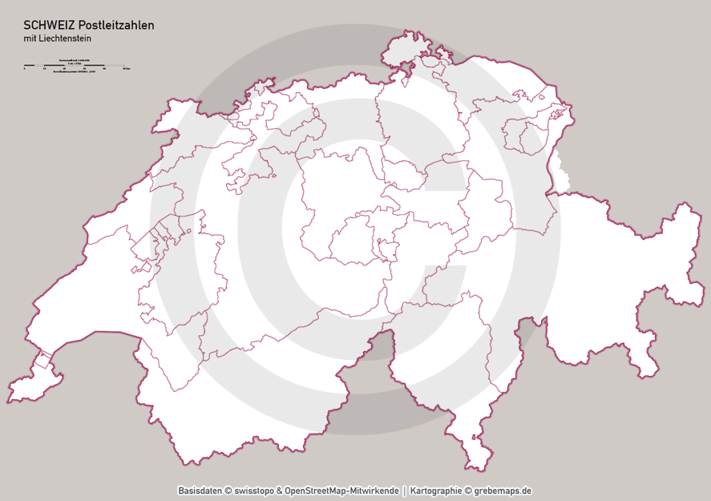 Schweiz Vektorkarte Postleitzahlen PLZ-1-4 Kantone (2021) - grebemaps ...