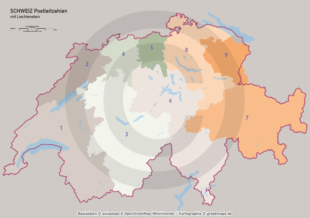 Schweiz Vektorkarte Postleitzahlen PLZ-1-4 Kantone (2021) - grebemaps ...