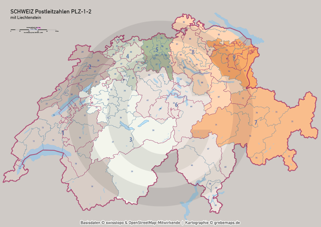 Schweiz Vektorkarte Postleitzahlen PLZ-1-2 Kantone (2021) - grebemaps ...