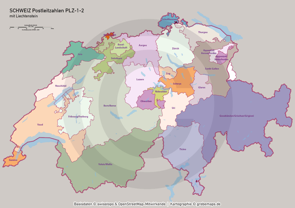 Schweiz Vektorkarte Postleitzahlen PLZ-1-2 Kantone (2021) - grebemaps ...