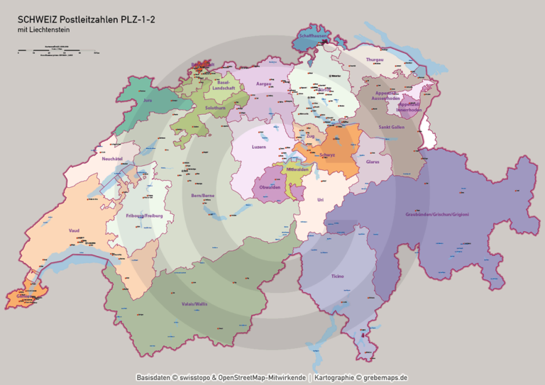 Schweiz Vektorkarte Postleitzahlen PLZ-1-2 Kantone (2021) - grebemaps ...