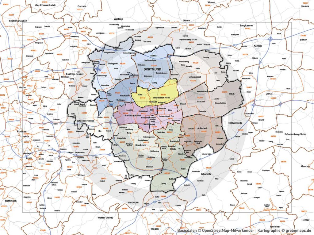 Dortmund Vertriebskarte Postleitzahlen PLZ-5 Stadtbezirke ...