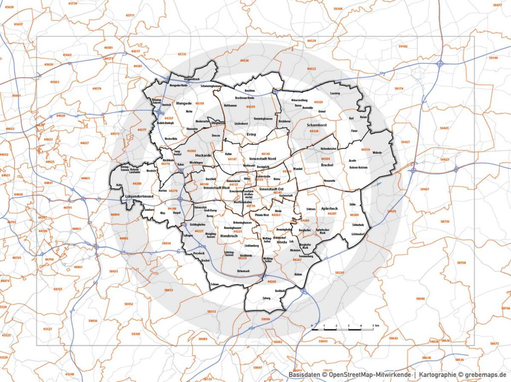 Dortmund Vertriebskarte Postleitzahlen PLZ-5 Stadtbezirke ...