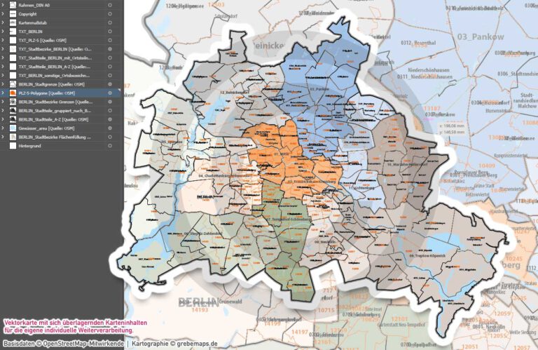 Berlin Basiskarte Postleitzahlen PLZ-5 Stadtbezirke Stadtteile ...