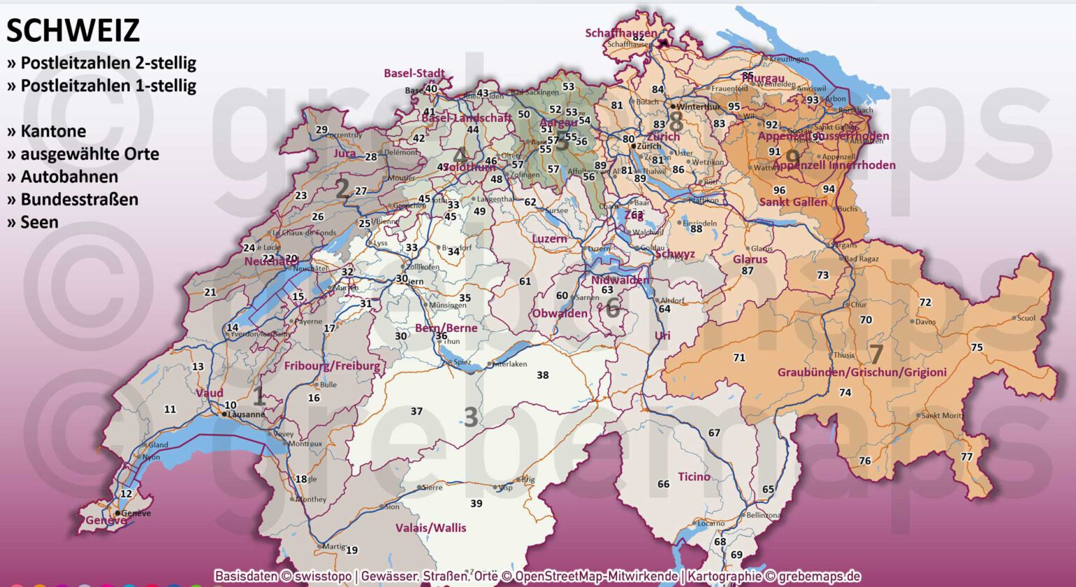 PowerPoint-Karte Schweiz Postleitzahlen PLZ-2 Kantone Vektorkarte ...